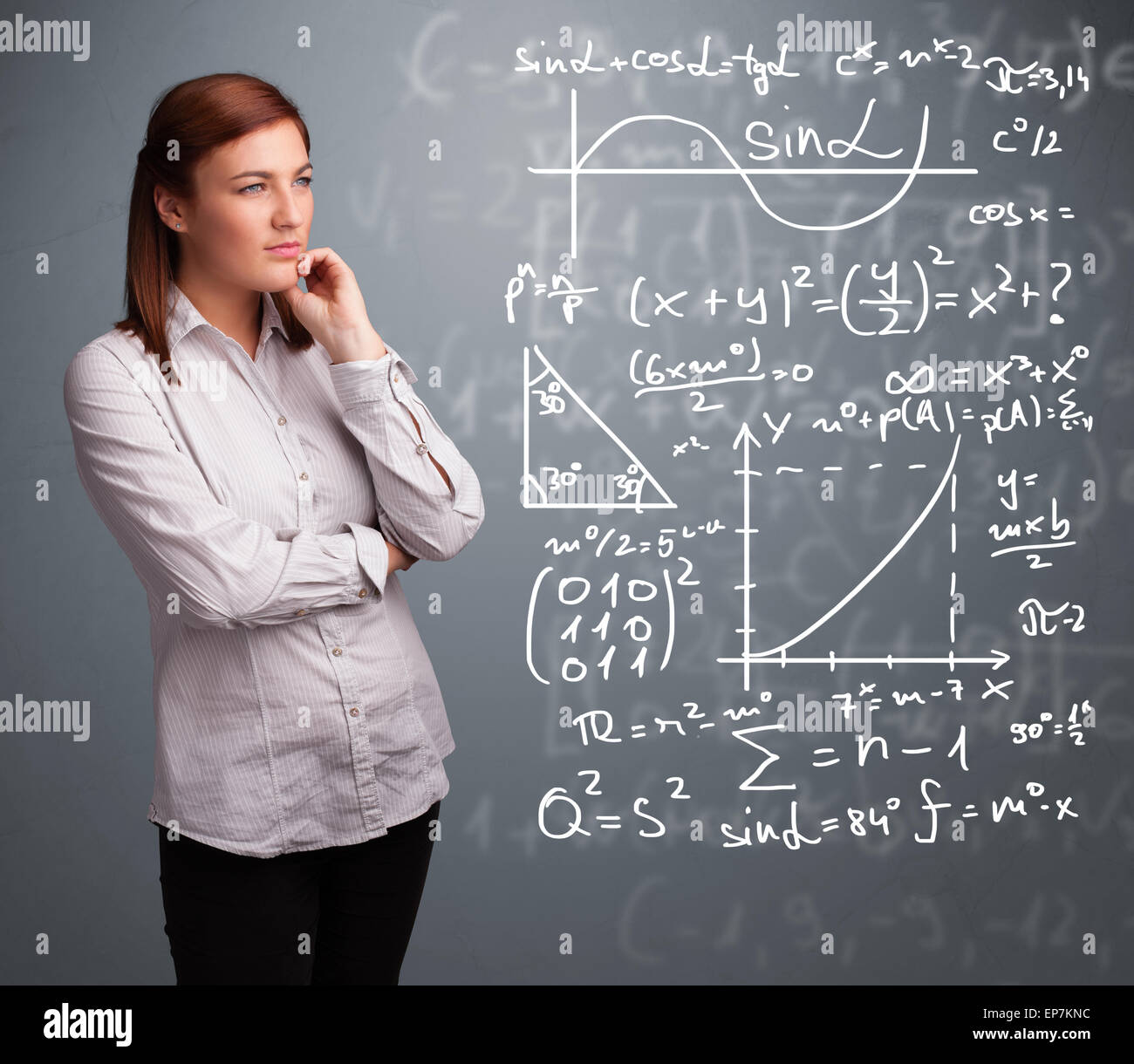 Beautiful school girl thinking about complex mathematical signs Stock ...
