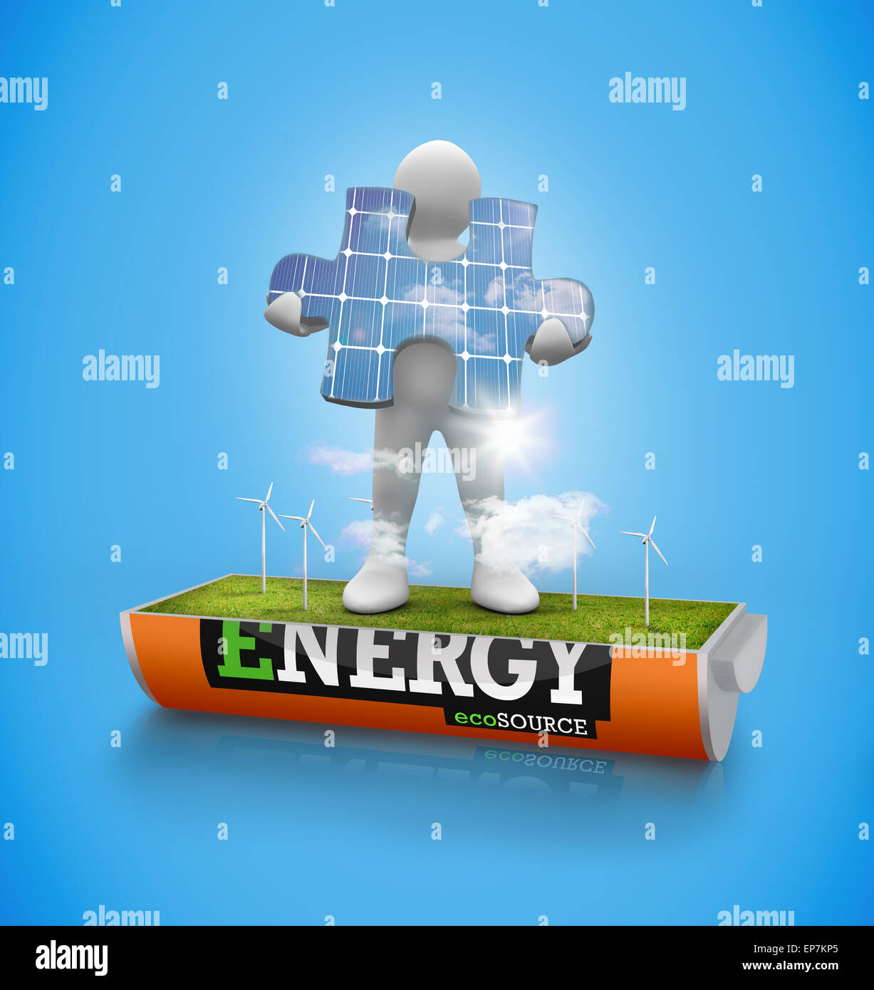 Character holding solar panel jigsaw in a wind turbine field in a ...