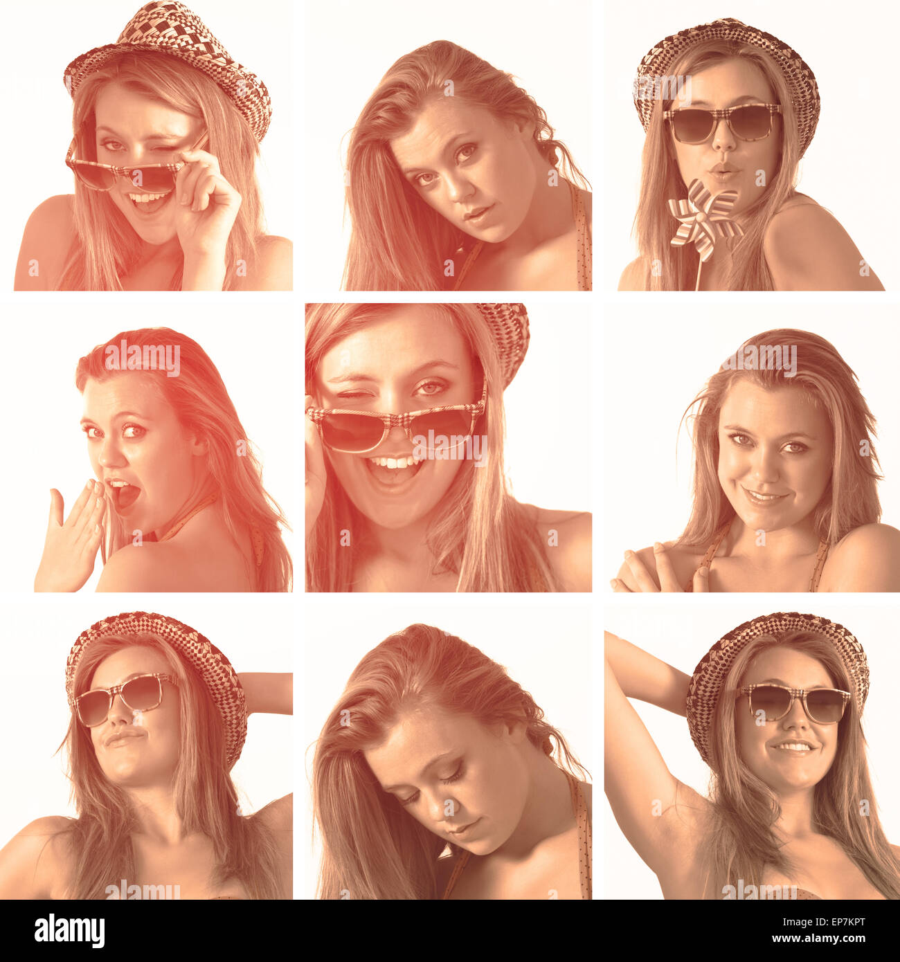 Collage of a woman with hat and sunglasses in sepia Stock Photo - Alamy