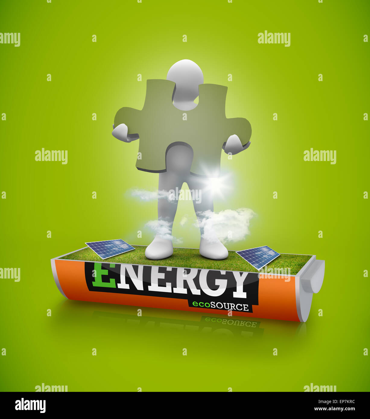 White figure holding jigsaw piece in a solar field in an energy saving ...