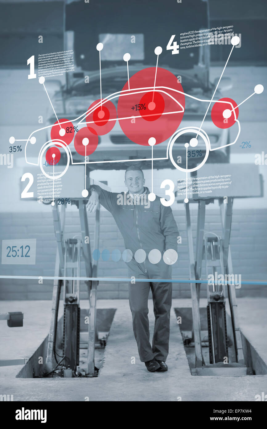 Confident mechanic standing under futuristic interface in black and ...