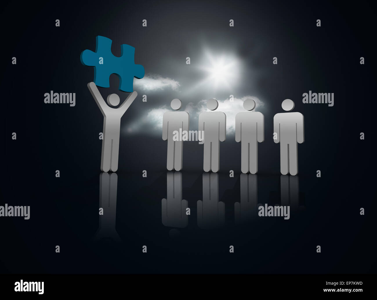 Character showing blue jigsaw piece to others Stock Photo - Alamy