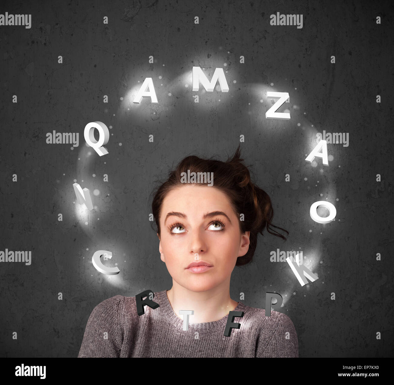 Young woman thinking with letter circulation around her head Stock ...