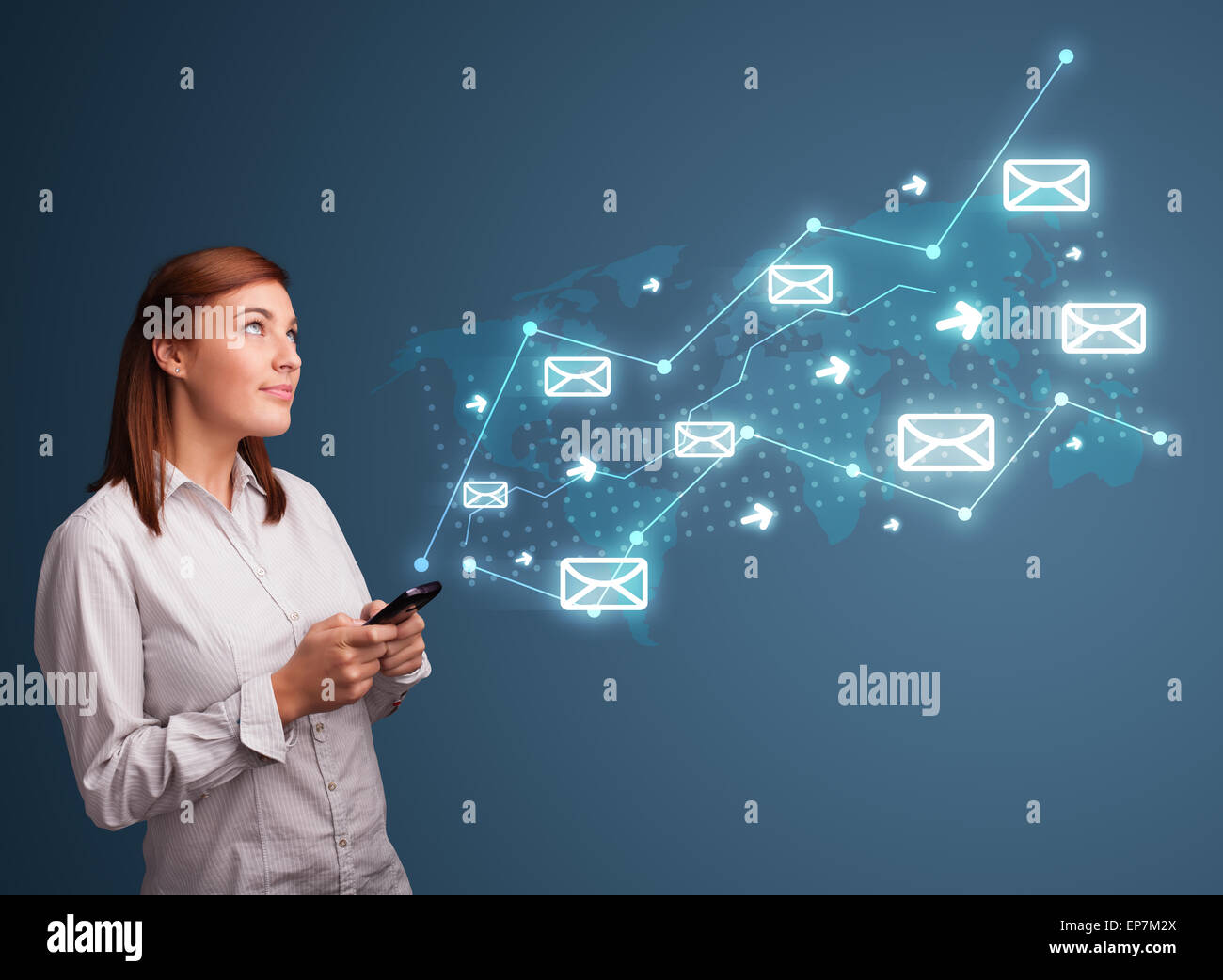 Young lady holding a phone with arrows and message icons Stock Photo ...