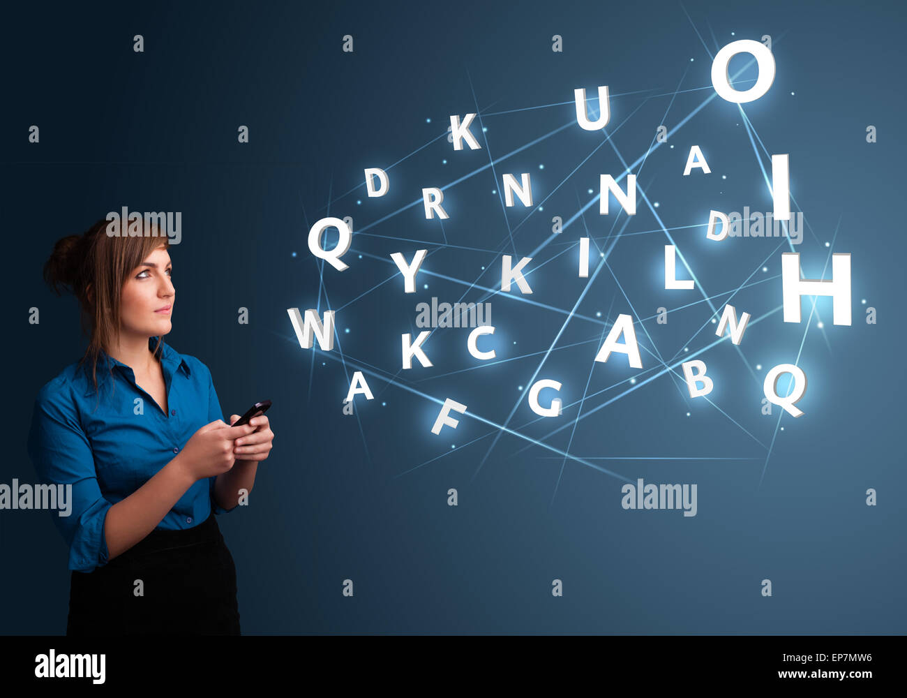 Young woman typing on smartphone with high tech 3d letters comming out ...