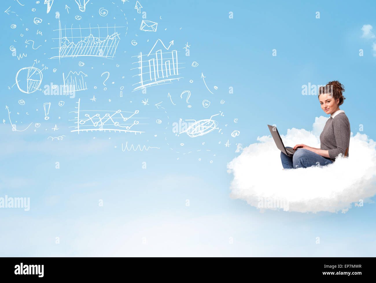 Young woman sitting in cloud with laptop Stock Photo - Alamy