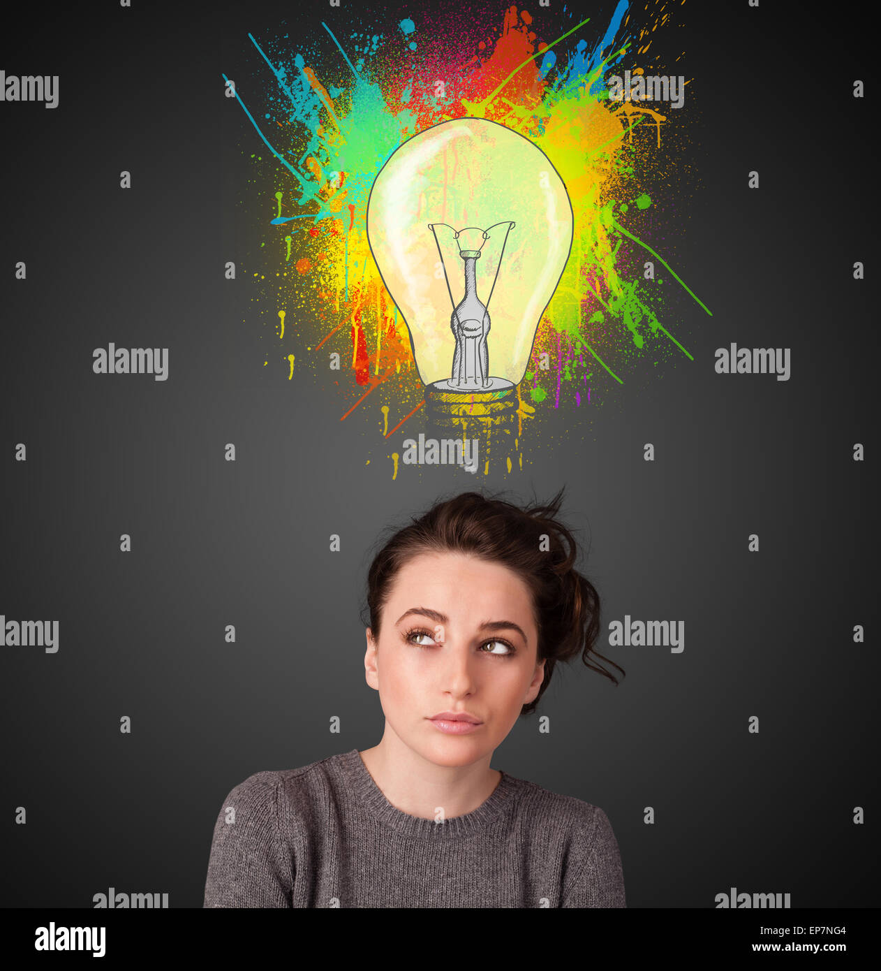 Young woman thinking with lightbulb above her head Stock Photo - Alamy