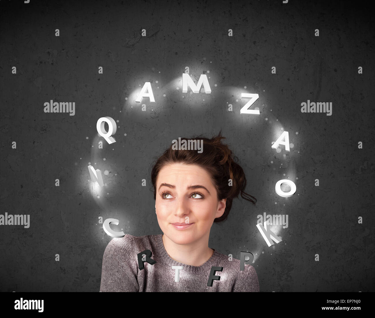 Young woman thinking with letter circulation around her head Stock ...