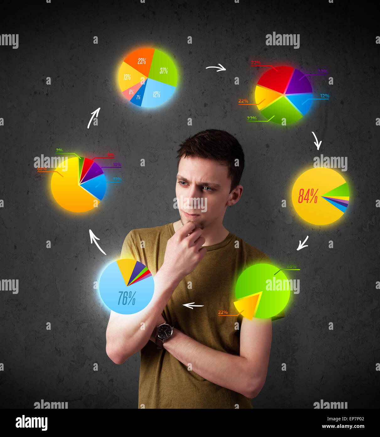Young man thinking with pie charts circulation around his head Stock ...