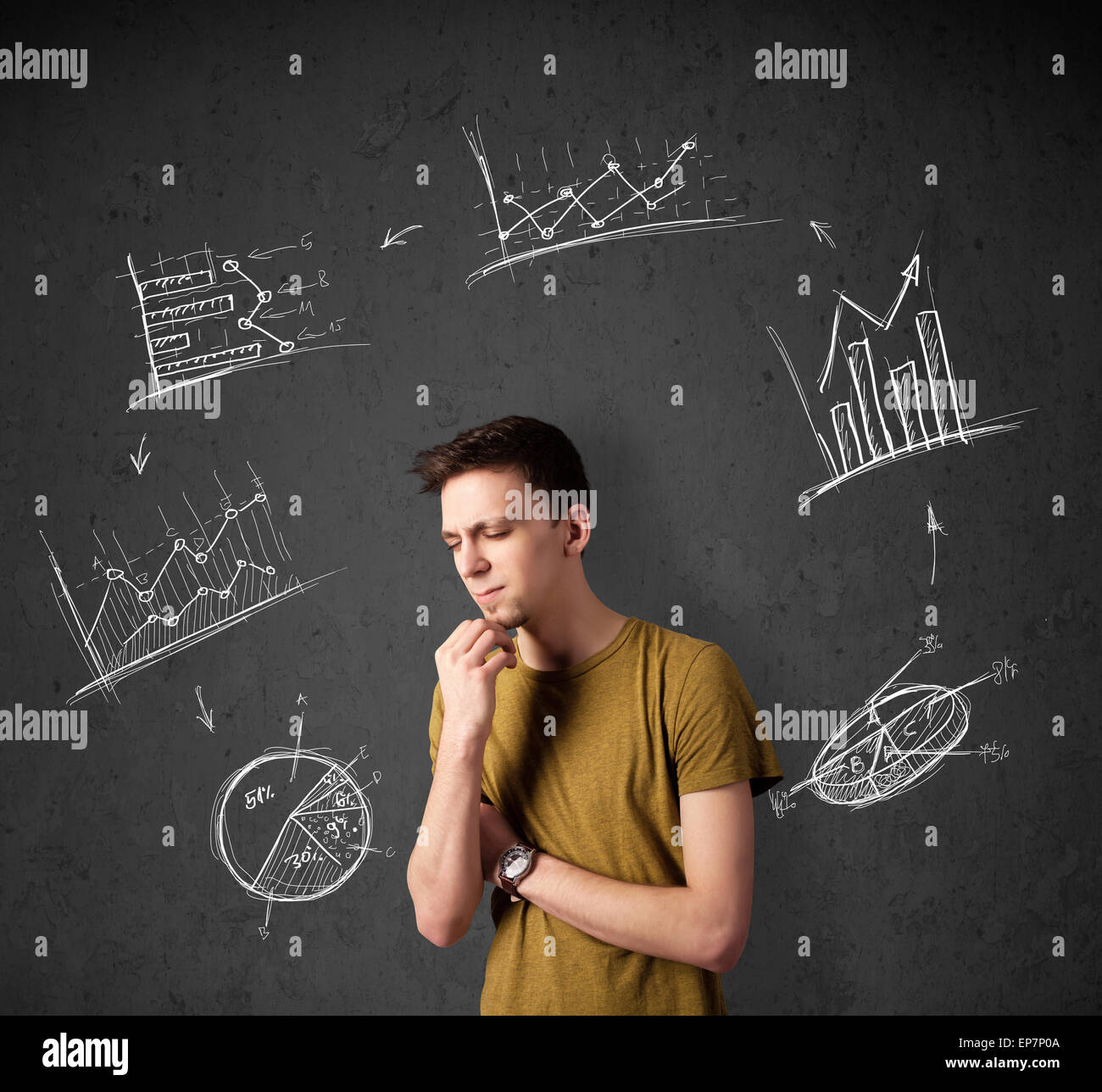 Young man thinking with charts circulation around his head Stock Photo ...