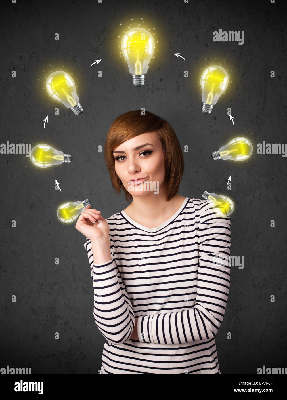 Young woman thinking with lightbulb circulation around her head Stock ...