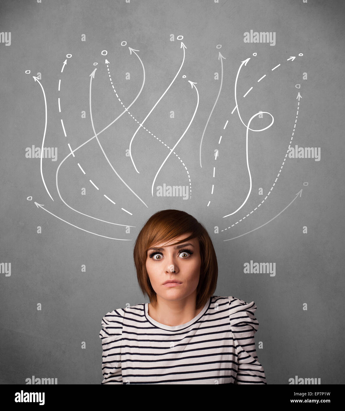 Young woman with arrows coming out of her head Stock Photo - Alamy