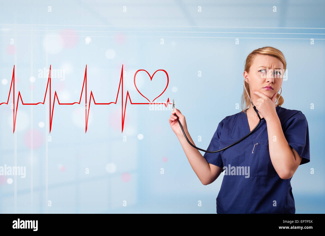 Young nurse listening to abstract pulse with red heart Stock Photo - Alamy