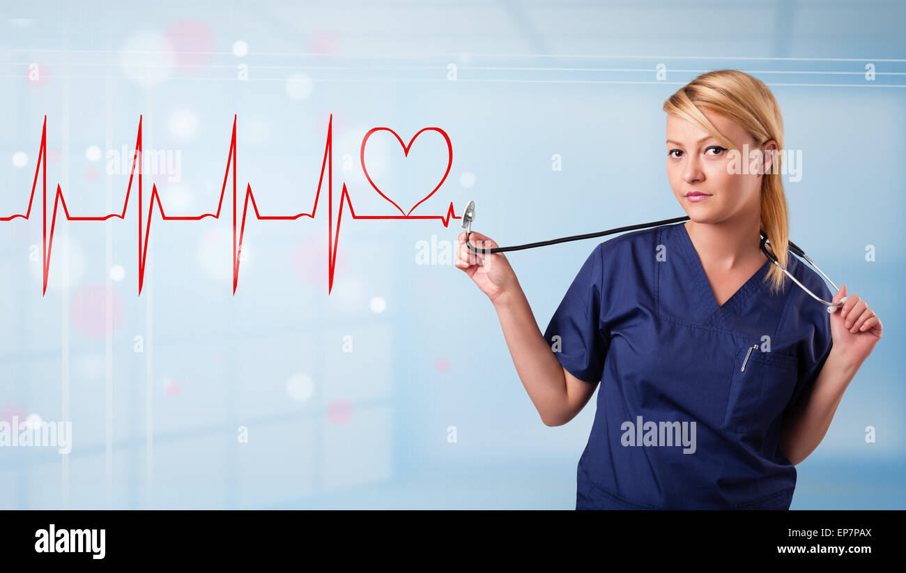 Young nurse listening to abstract pulse with red heart Stock Photo - Alamy
