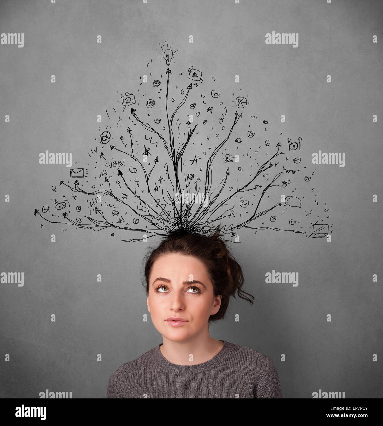 Young woman with tangled lines coming out of her head Stock Photo - Alamy