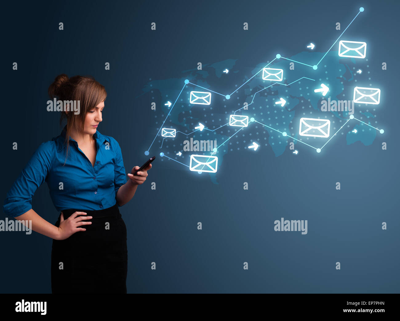 Young lady holding a phone with arrows and message icons Stock Photo ...