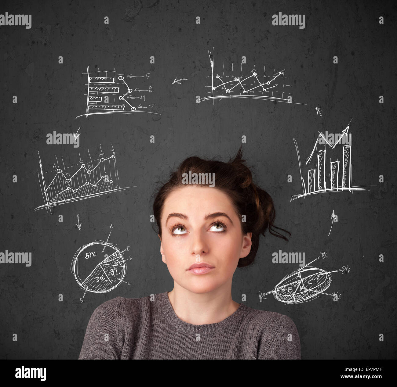 Young woman thinking with charts circulation around her head Stock ...