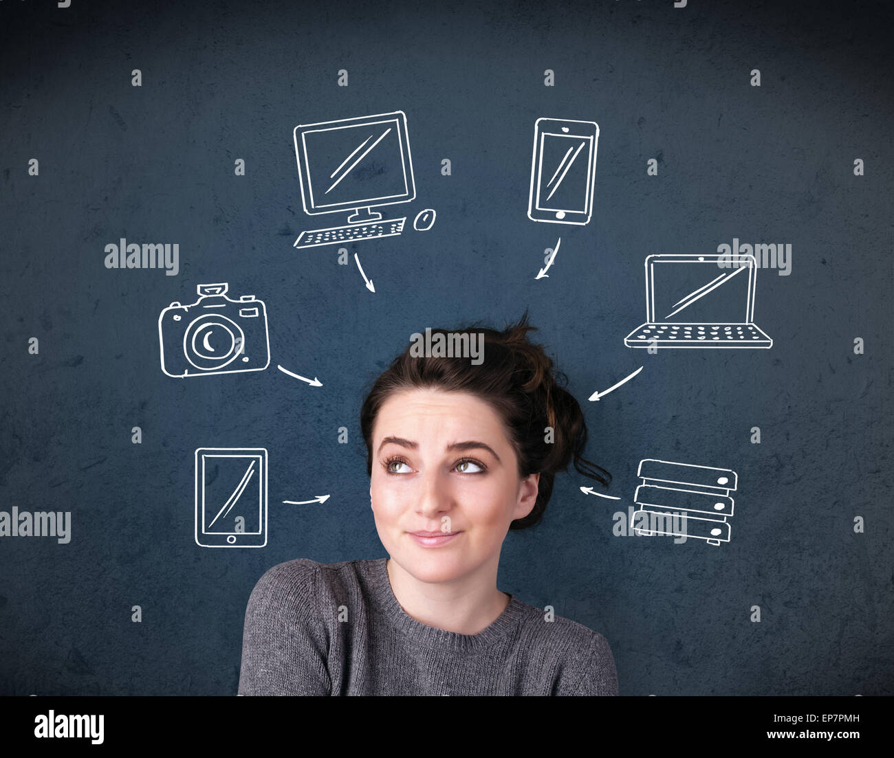 Young woman thinking with drawn gadgets around her head Stock Photo - Alamy