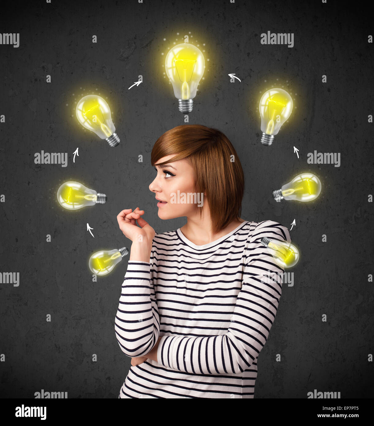 Young woman thinking with lightbulb circulation around her head Stock ...