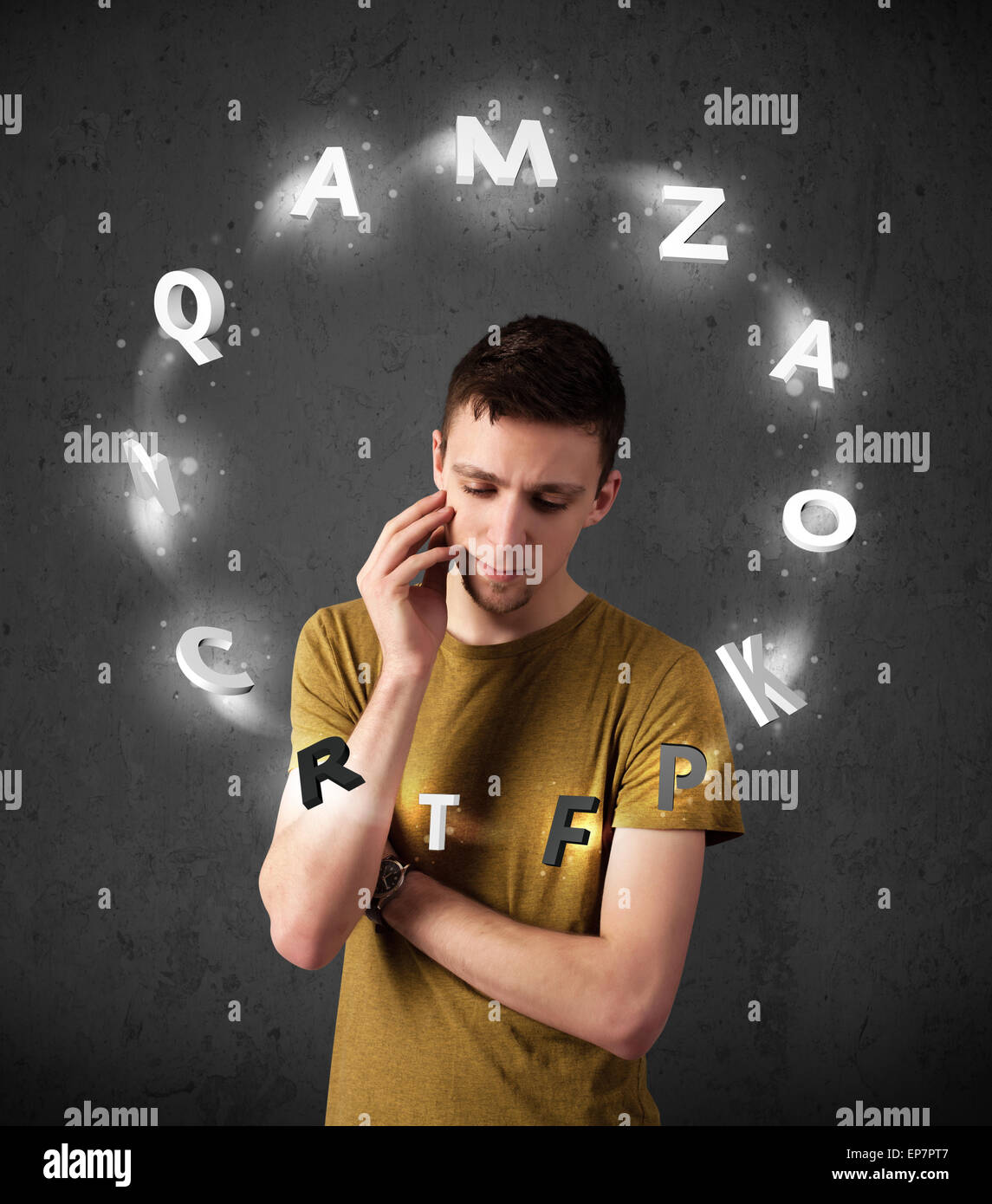 Young man thinking with letter circulation around his head Stock Photo ...
