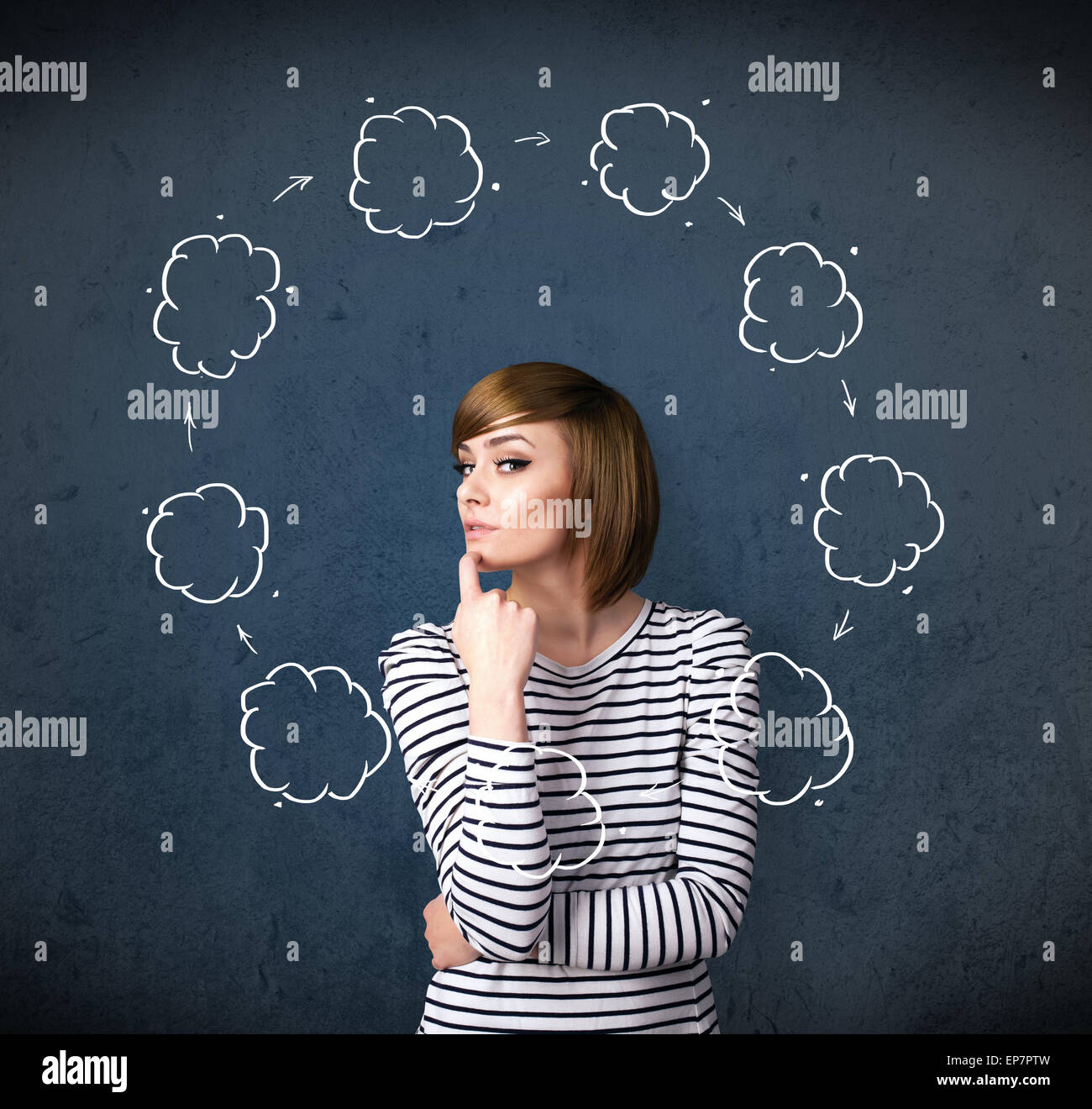 Young woman thinking with cloud circulation around her head Stock Photo ...