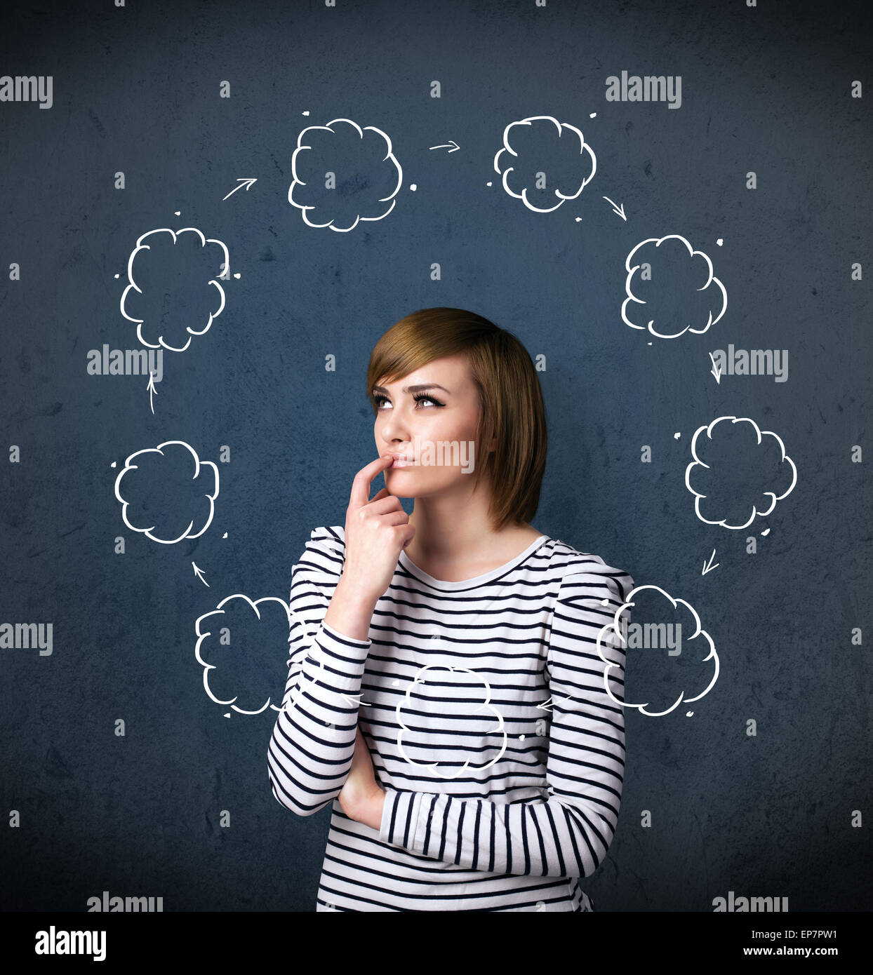 Young woman thinking with cloud circulation around her head Stock Photo ...