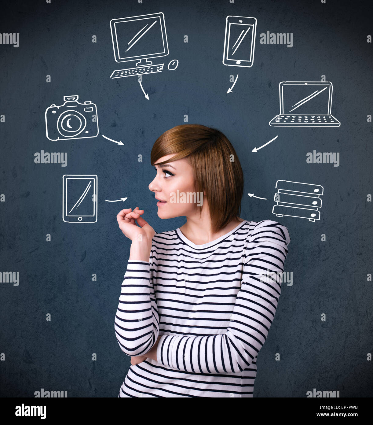 Young woman thinking with drawn gadgets around her head Stock Photo - Alamy