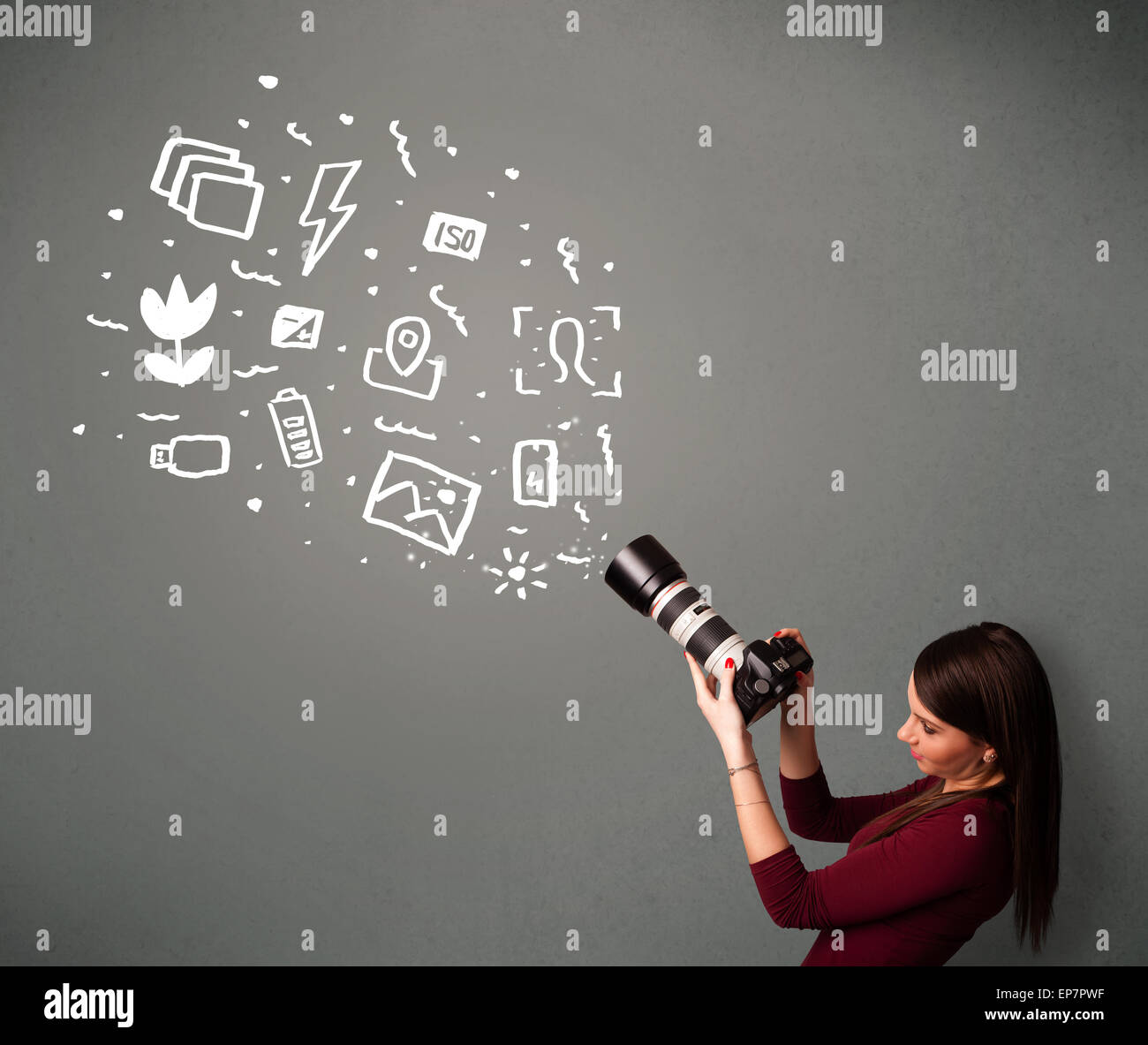 Photographer girl capturing white photography icons and symbols Stock ...
