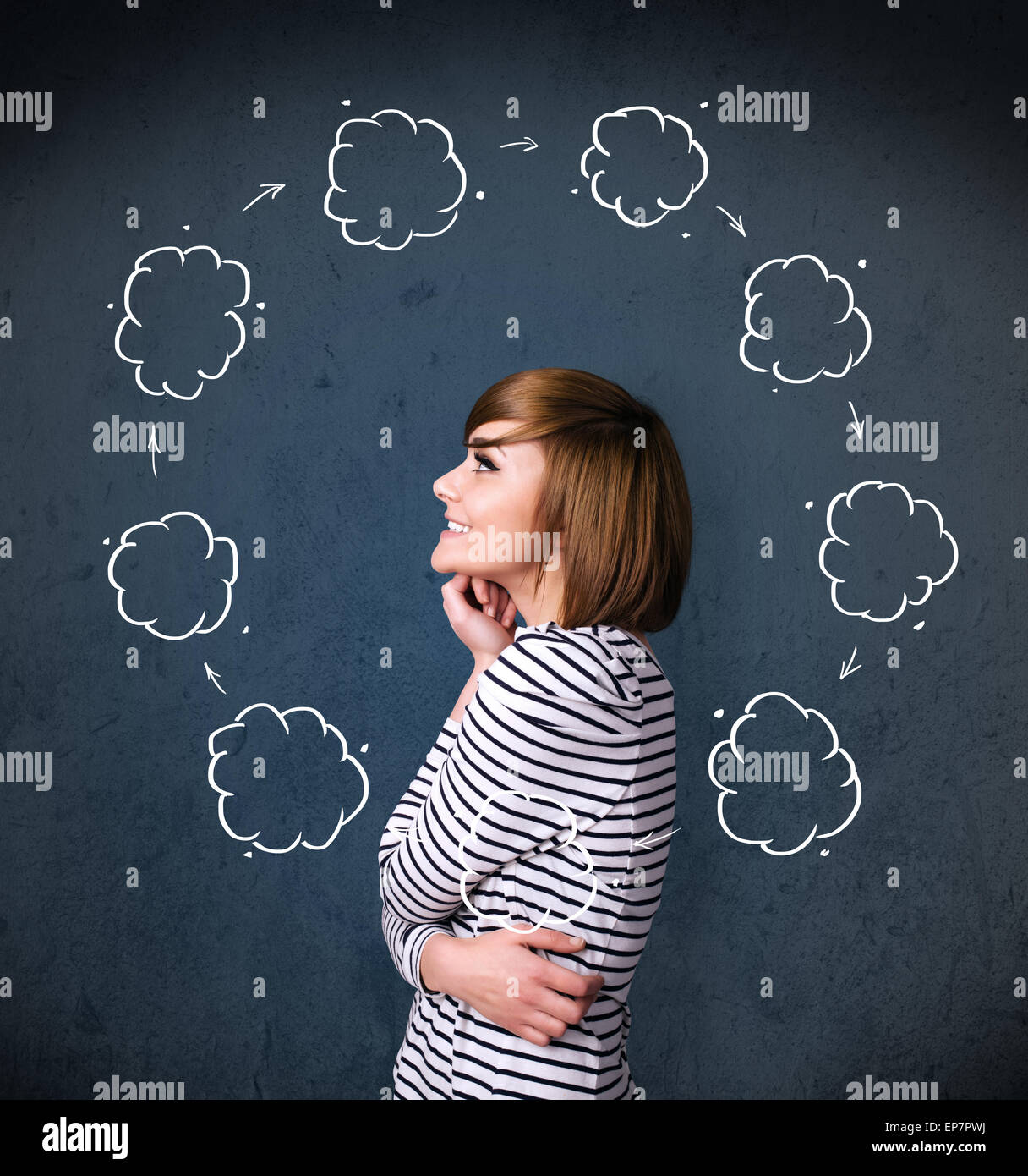 Young woman thinking with cloud circulation around her head Stock Photo ...