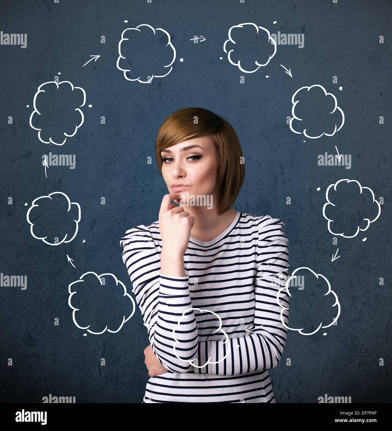Young woman thinking with cloud circulation around her head Stock Photo ...