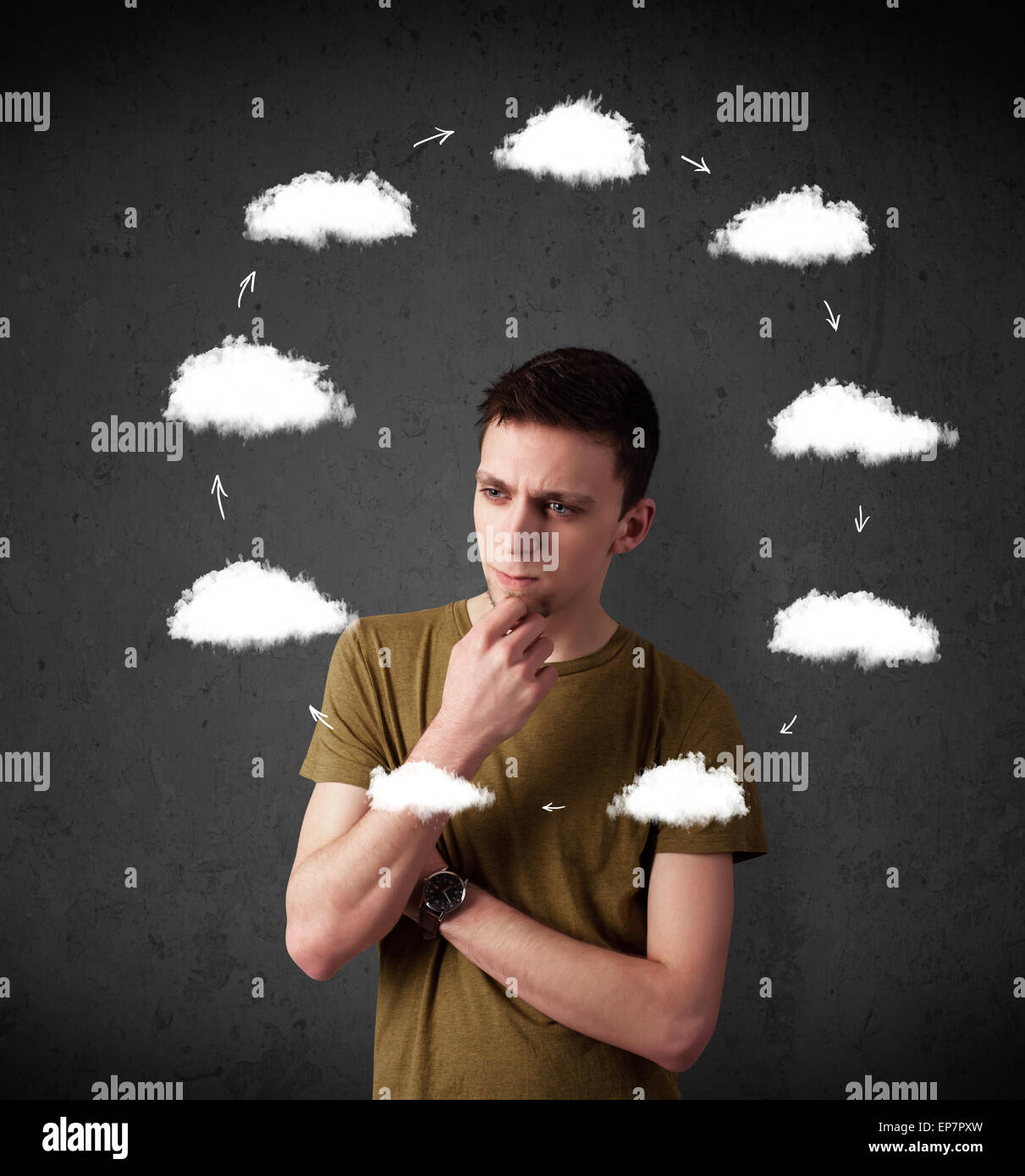 Young man thinking with cloud circulation around his head Stock Photo ...