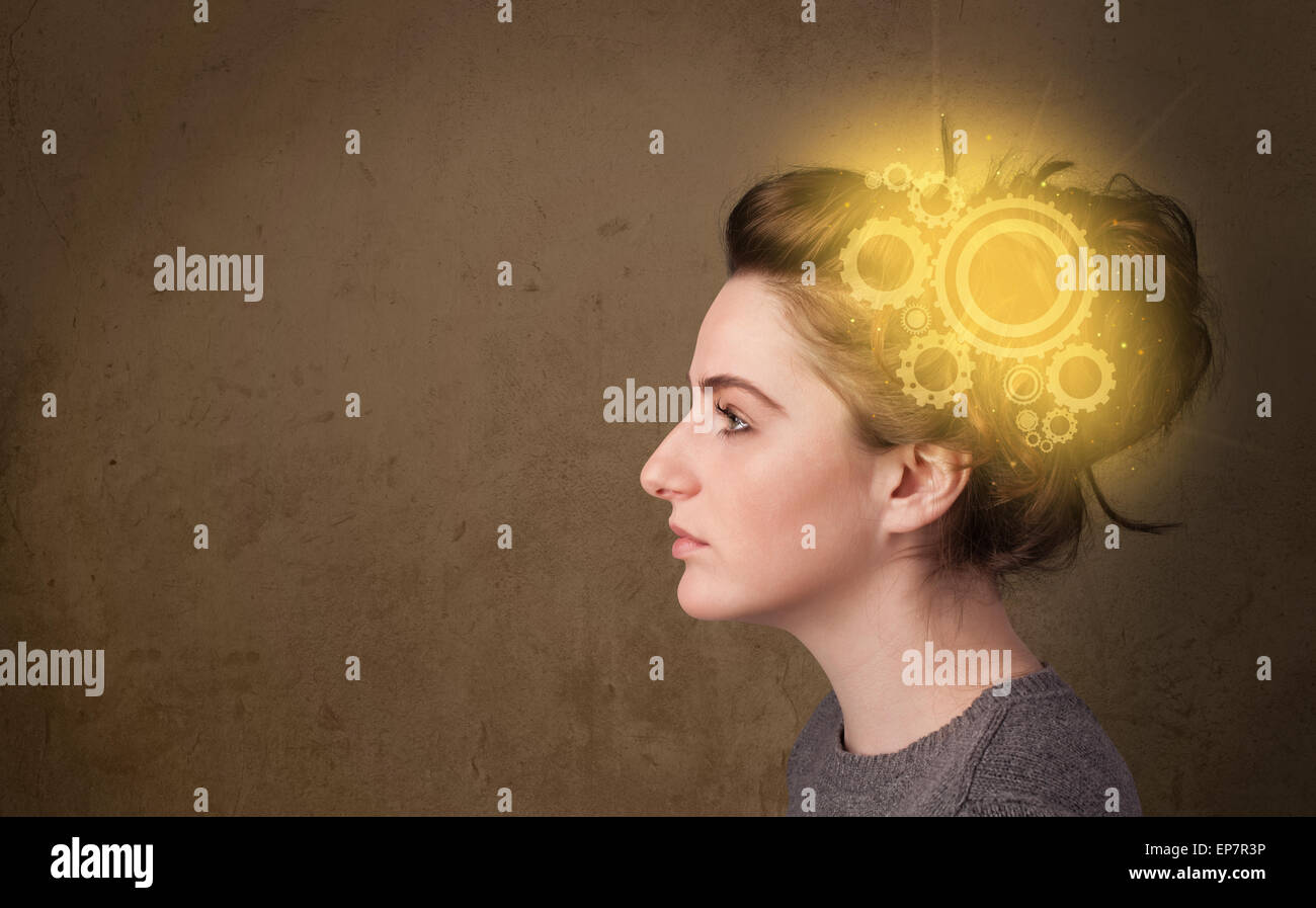 Clever girl thinking with a machine head illustration Stock Photo - Alamy