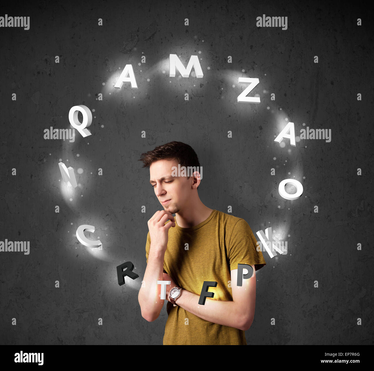 Young man thinking with letter circulation around his head Stock Photo ...
