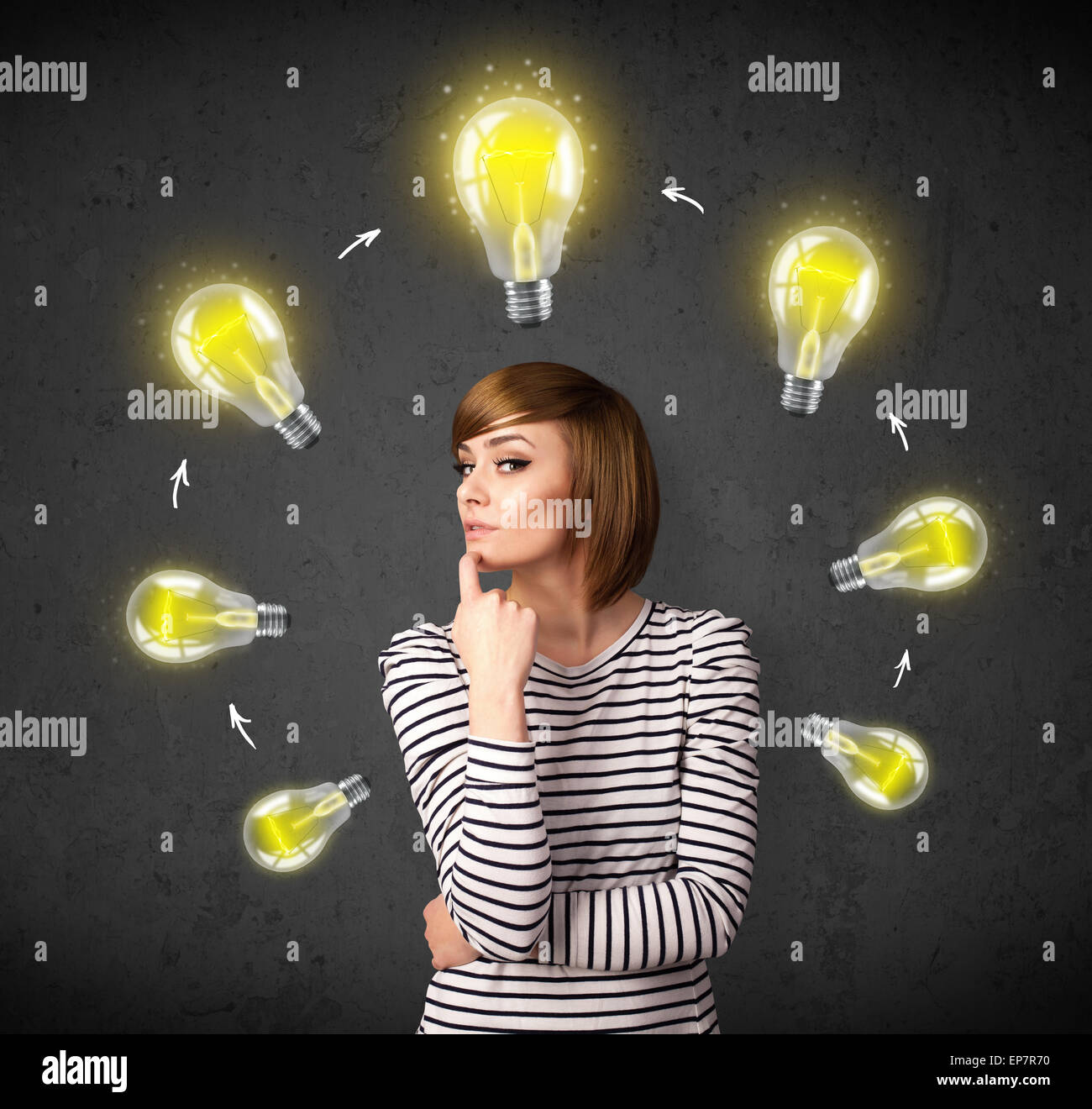 Young woman thinking with lightbulb circulation around her head Stock ...