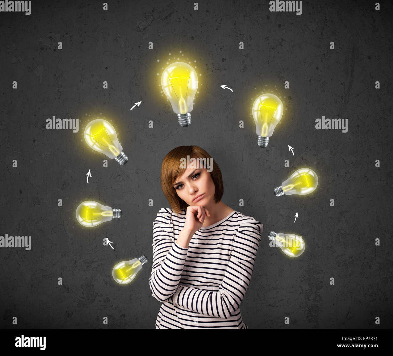 Young woman thinking with lightbulb circulation around her head Stock ...