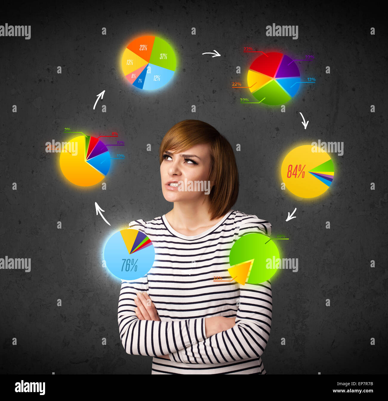 Young woman thinking with pie charts circulation around her head Stock ...