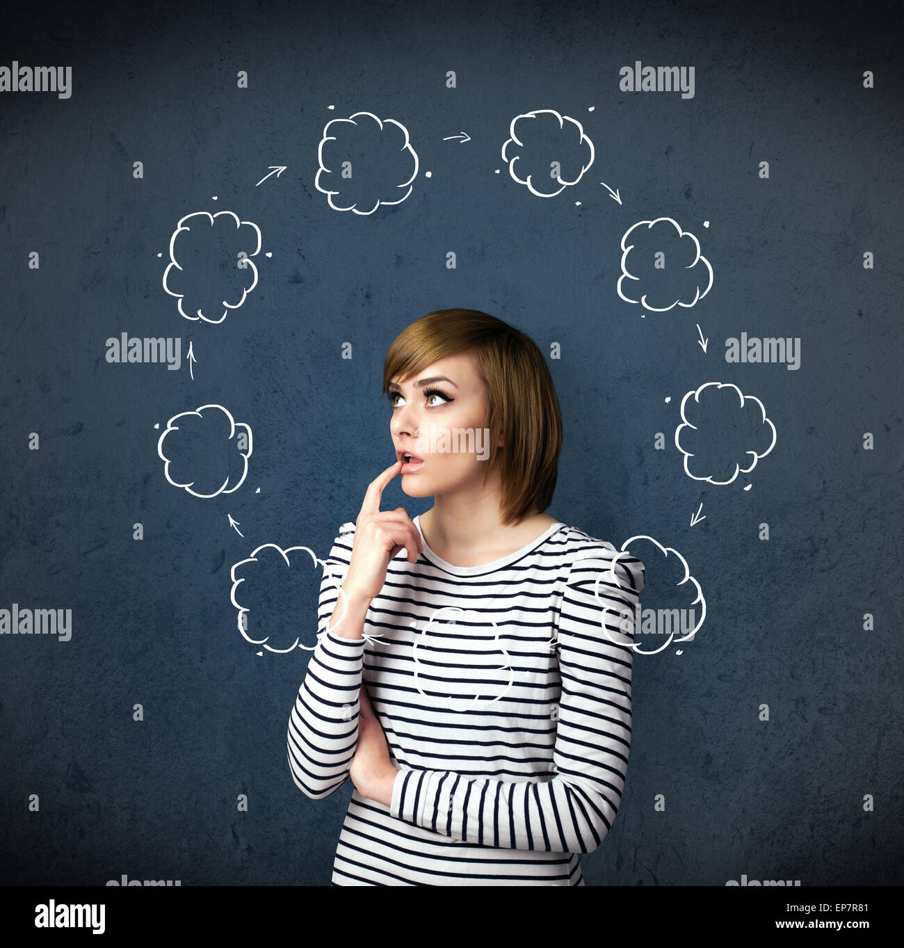 Young woman thinking with cloud circulation around her head Stock Photo ...