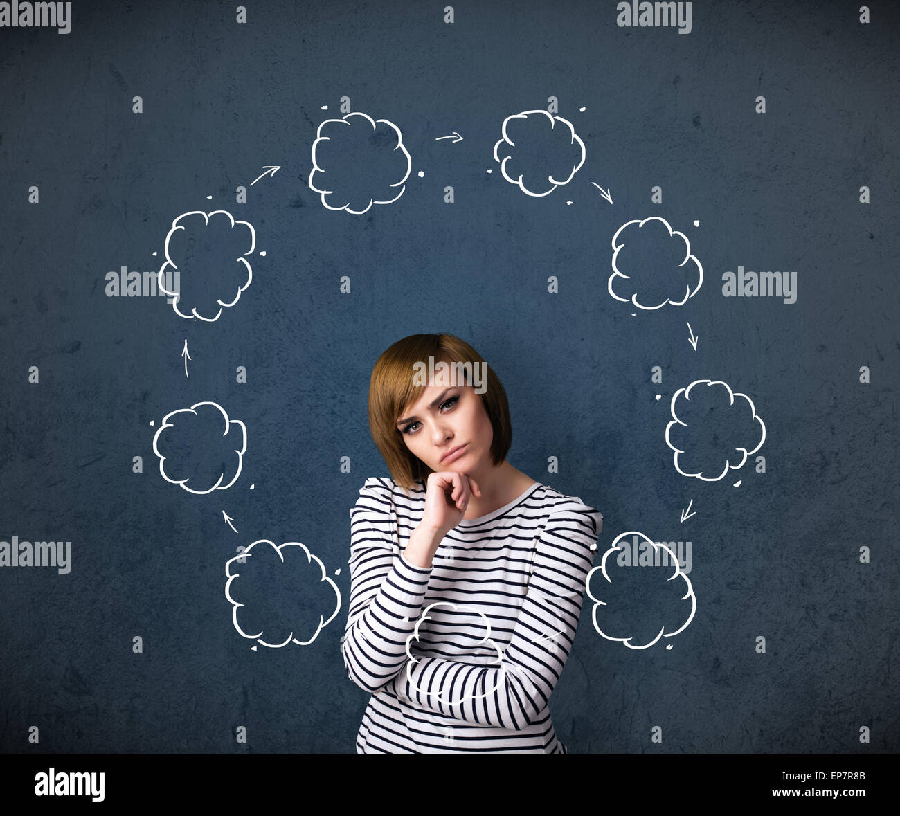 Young woman thinking with cloud circulation around her head Stock Photo ...