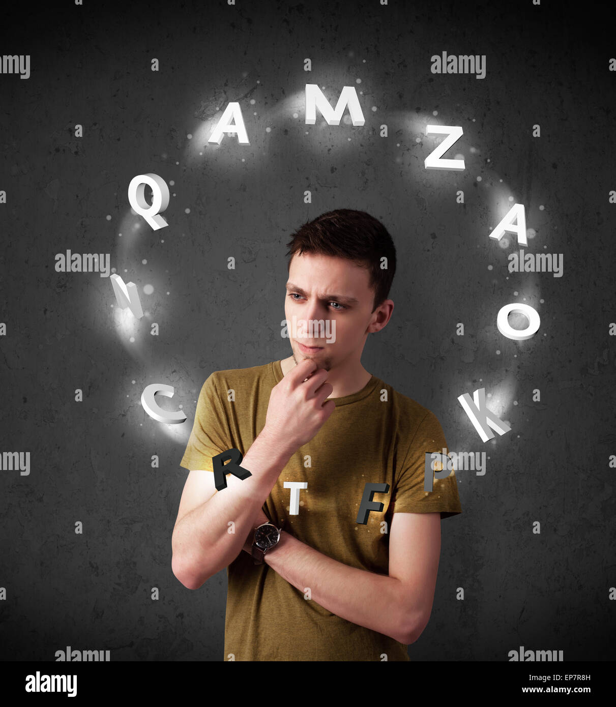 Young man thinking with letter circulation around his head Stock Photo ...