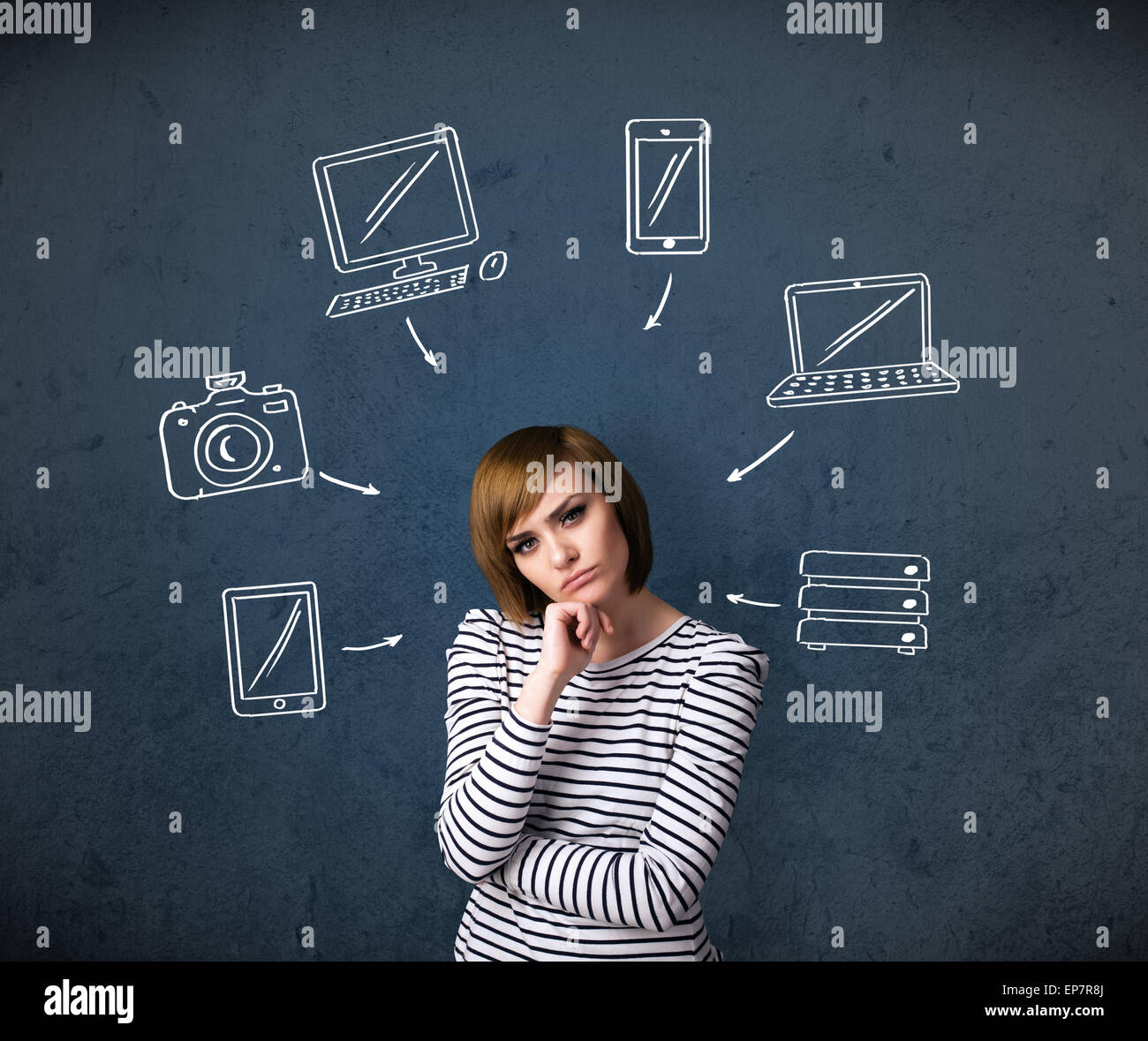 Young woman thinking with drawn gadgets around her head Stock Photo - Alamy