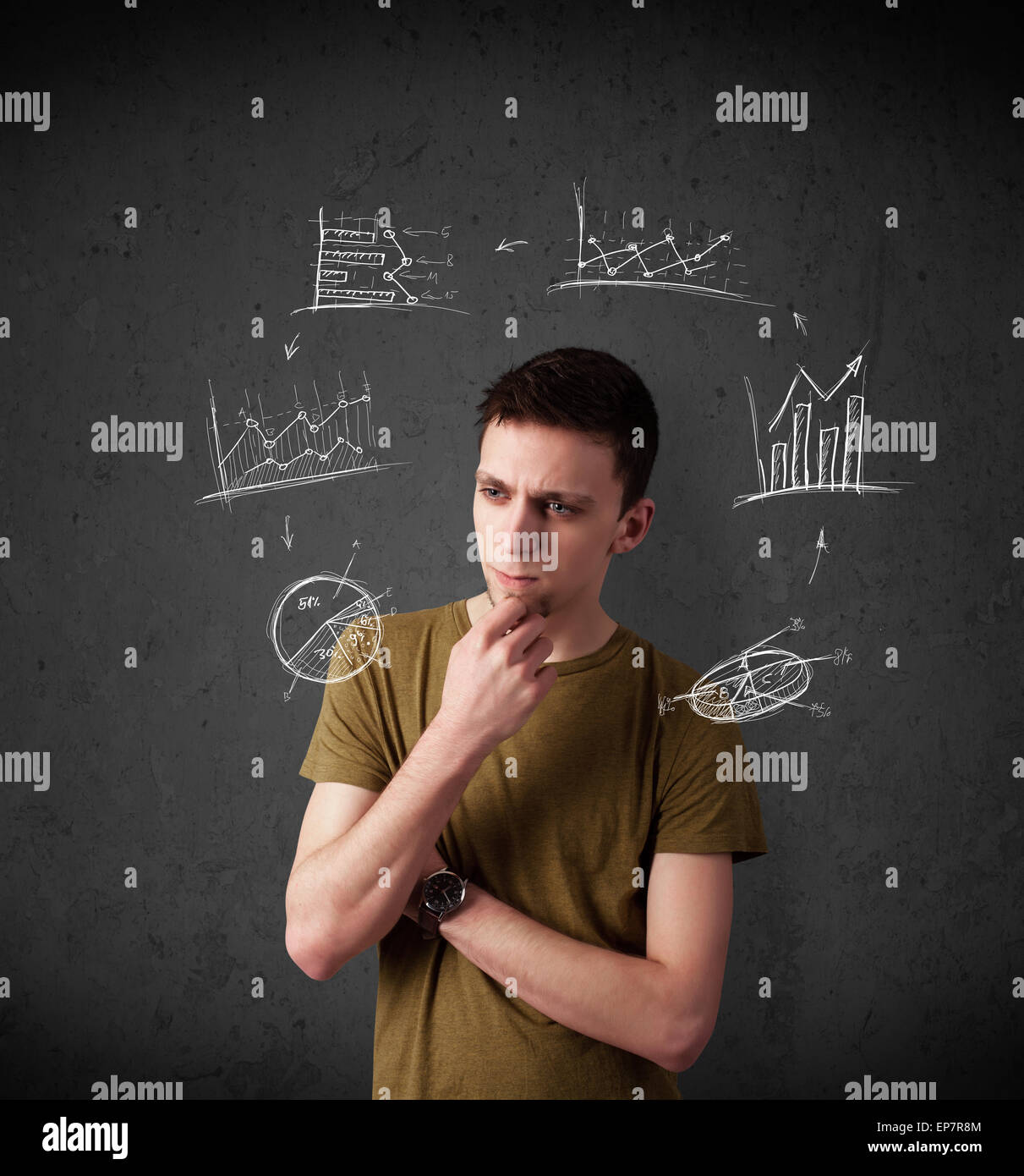 Young man thinking with charts circulation around his head Stock Photo ...
