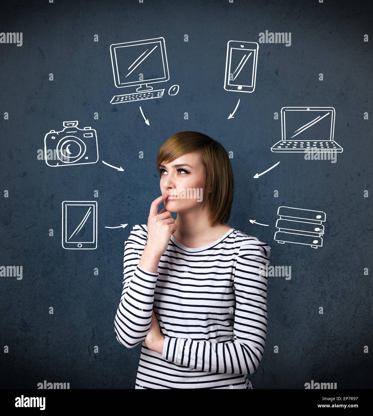 Young woman thinking with drawn gadgets around her head Stock Photo - Alamy