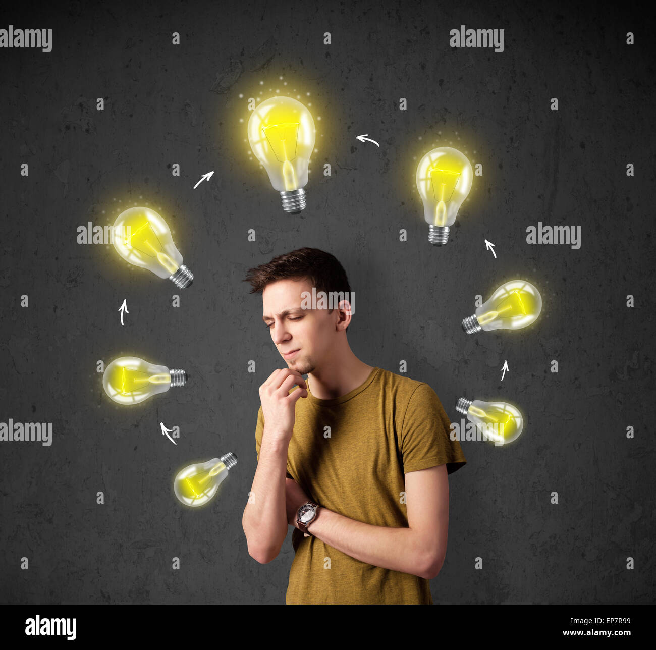 Young man thinking with lightbulb circulation around his head Stock ...