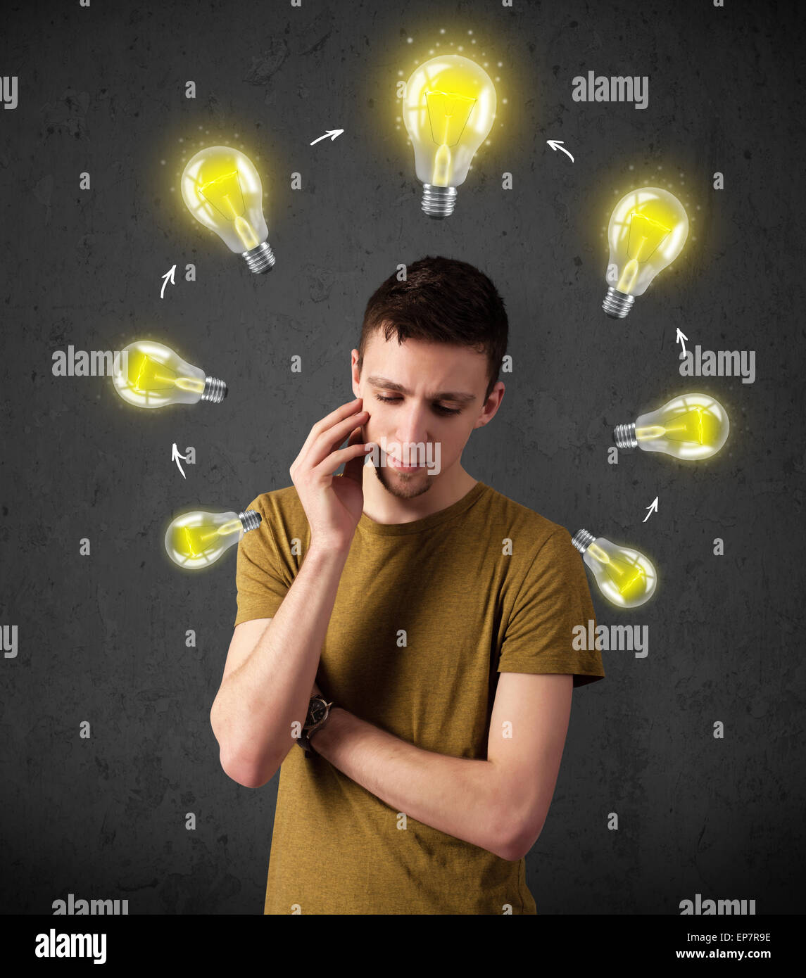 Young man thinking with lightbulb circulation around his head Stock ...