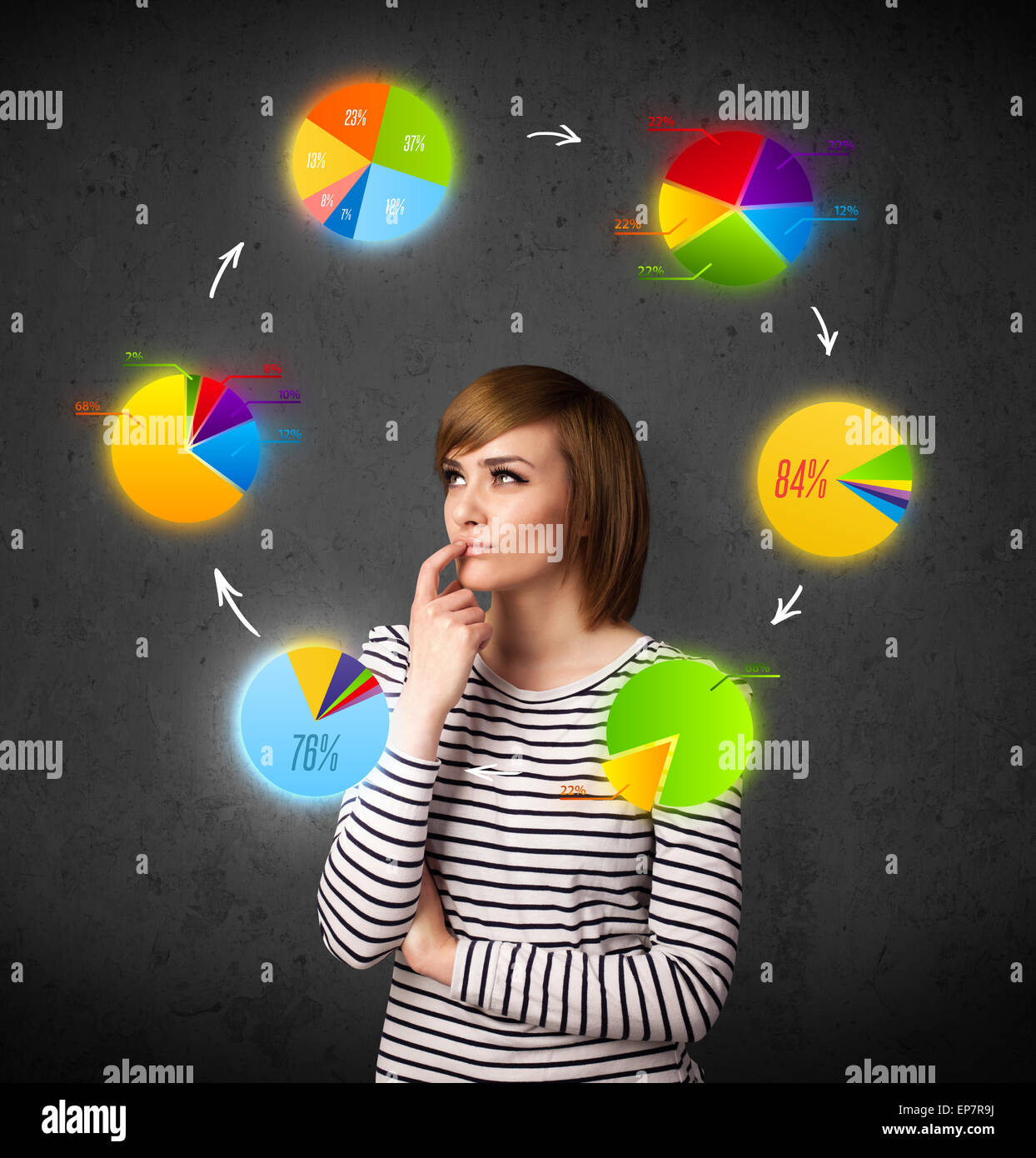 Young woman thinking with pie charts circulation around her head Stock ...