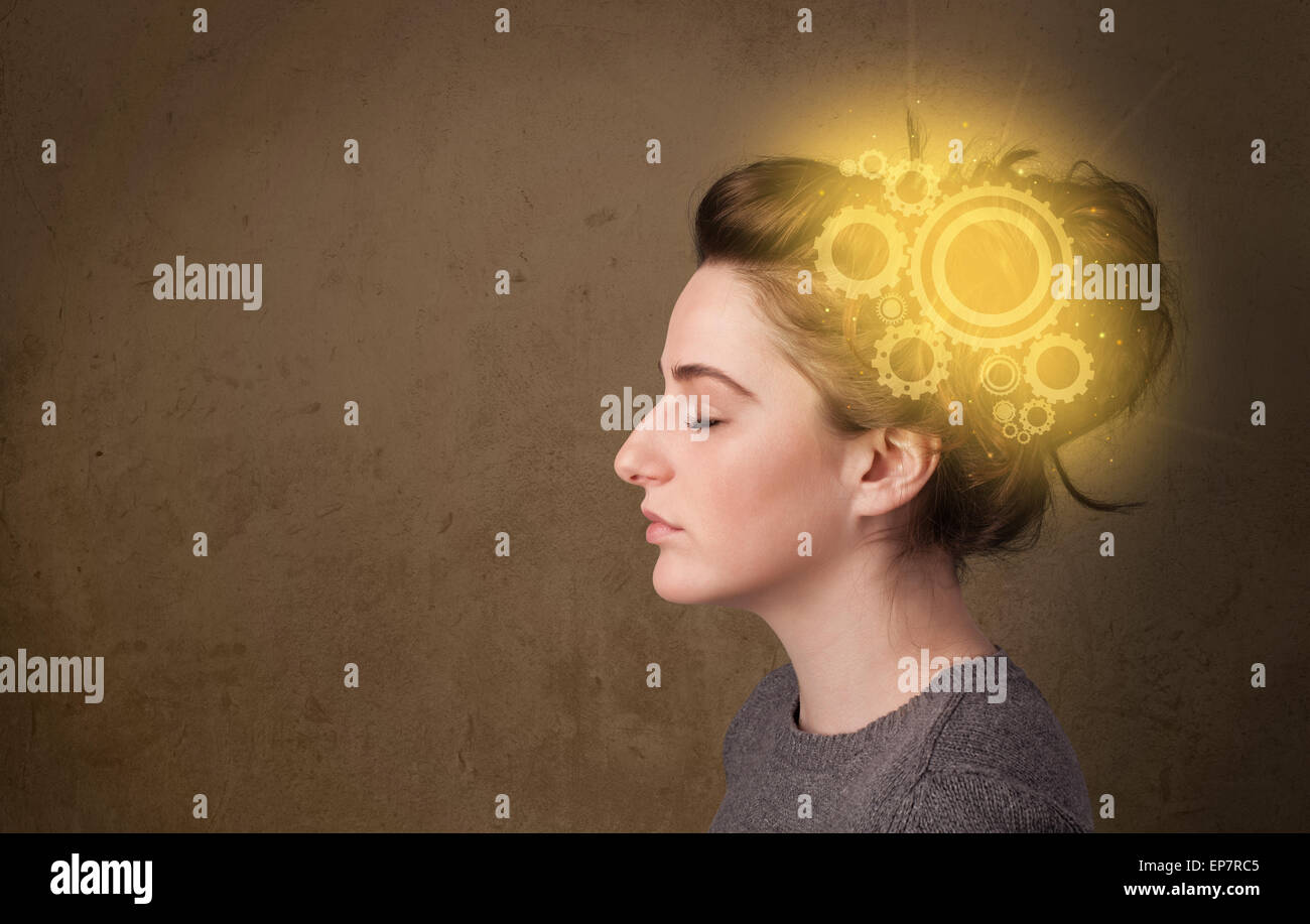 Clever girl thinking with a machine head illustration Stock Photo - Alamy