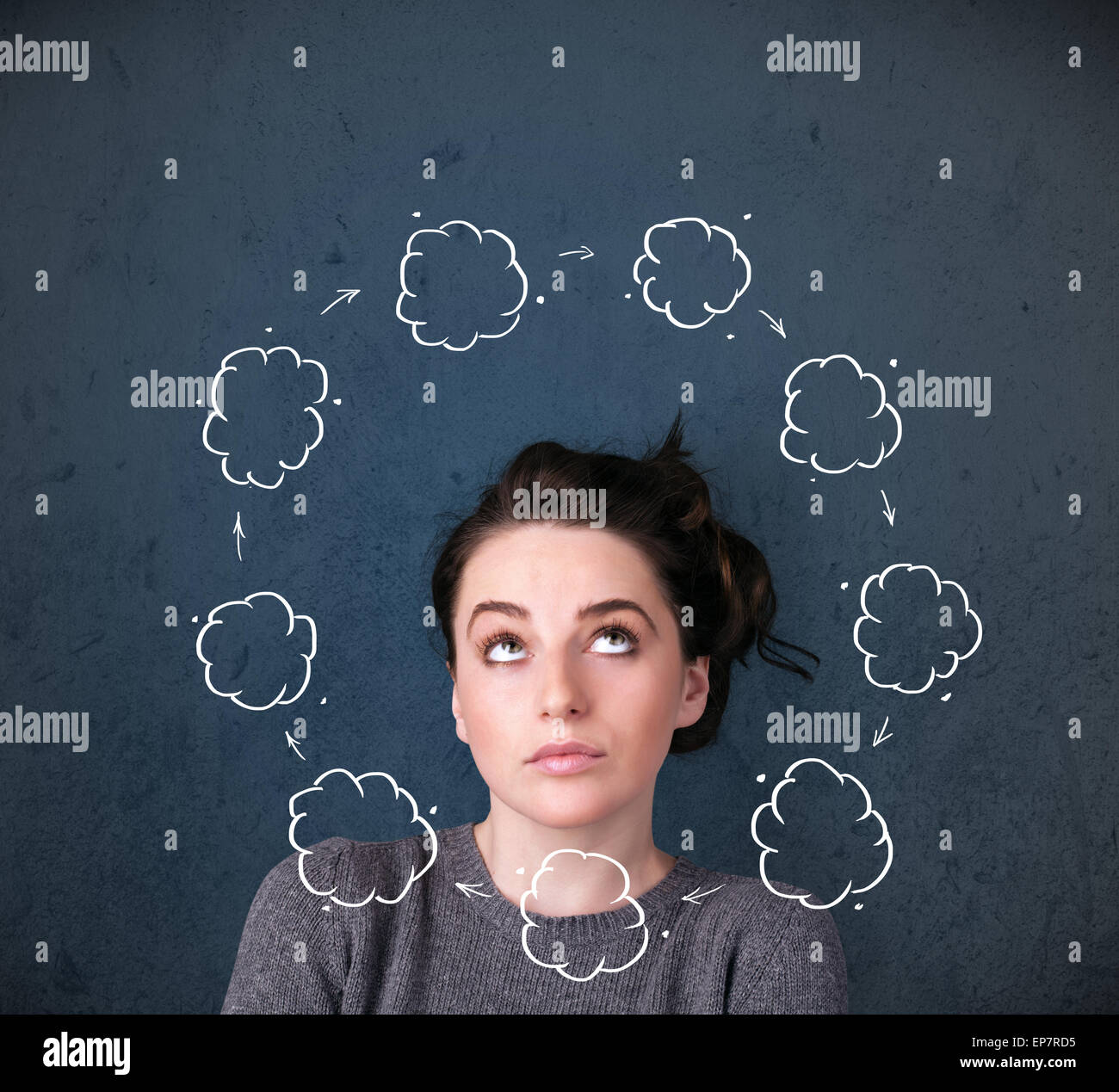 Young woman thinking with cloud circulation around her head Stock Photo ...