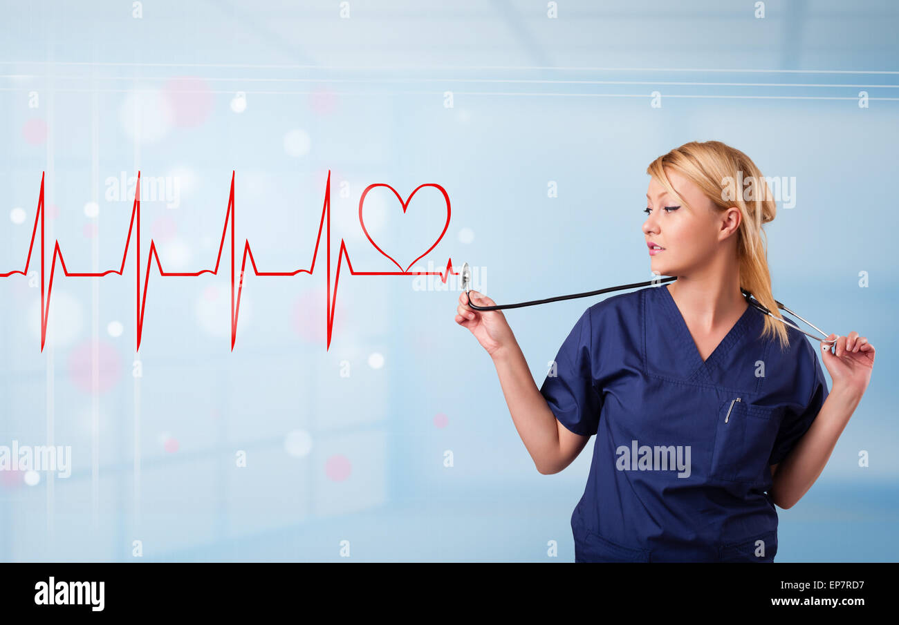 Young nurse listening to abstract pulse with red heart Stock Photo - Alamy