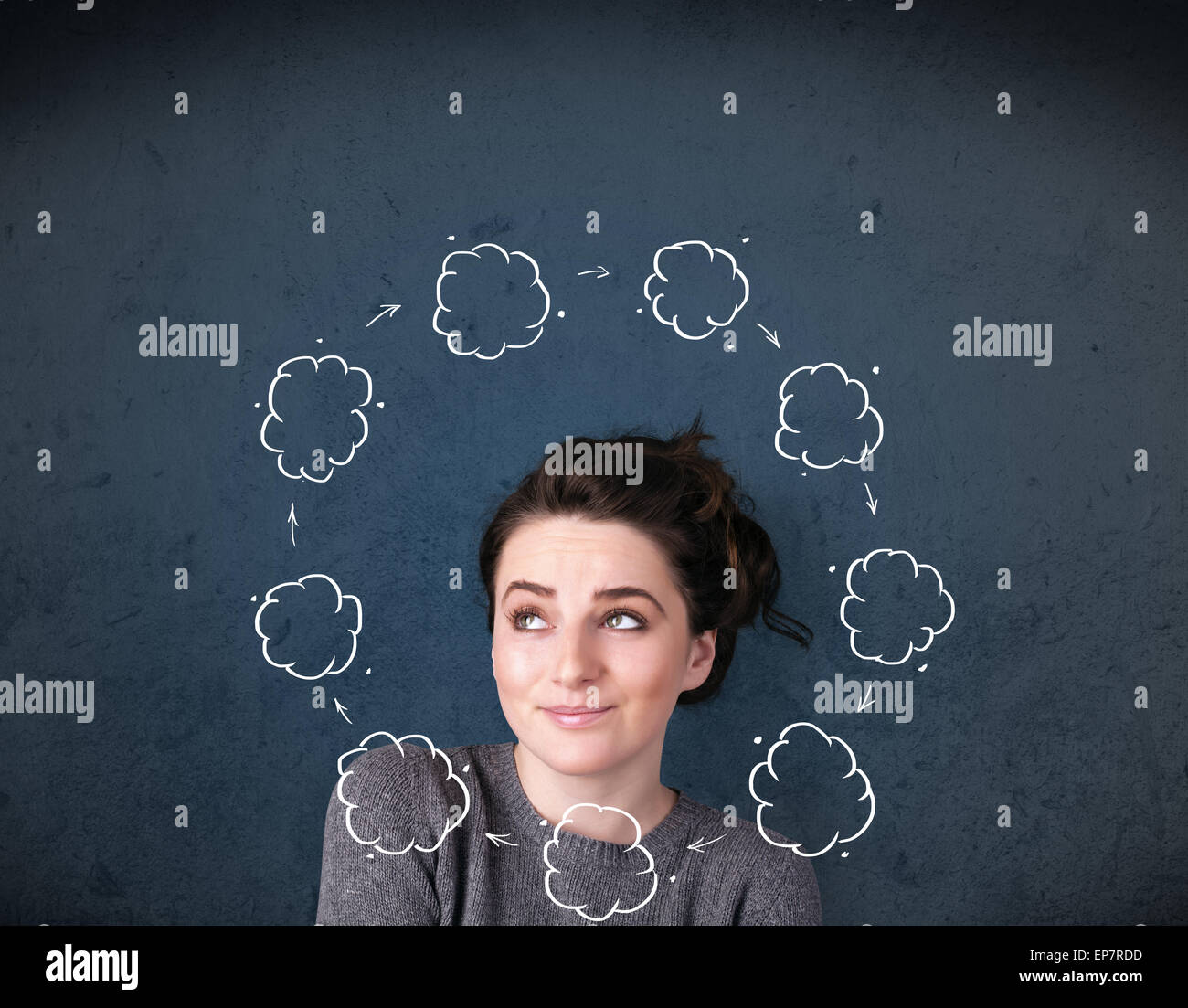 Young woman thinking with cloud circulation around her head Stock Photo ...
