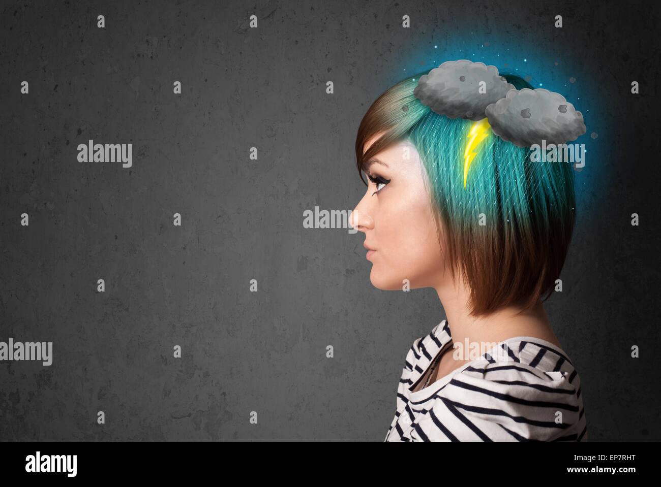 Young girl with thunderstorm lightning headache Stock Photo - Alamy